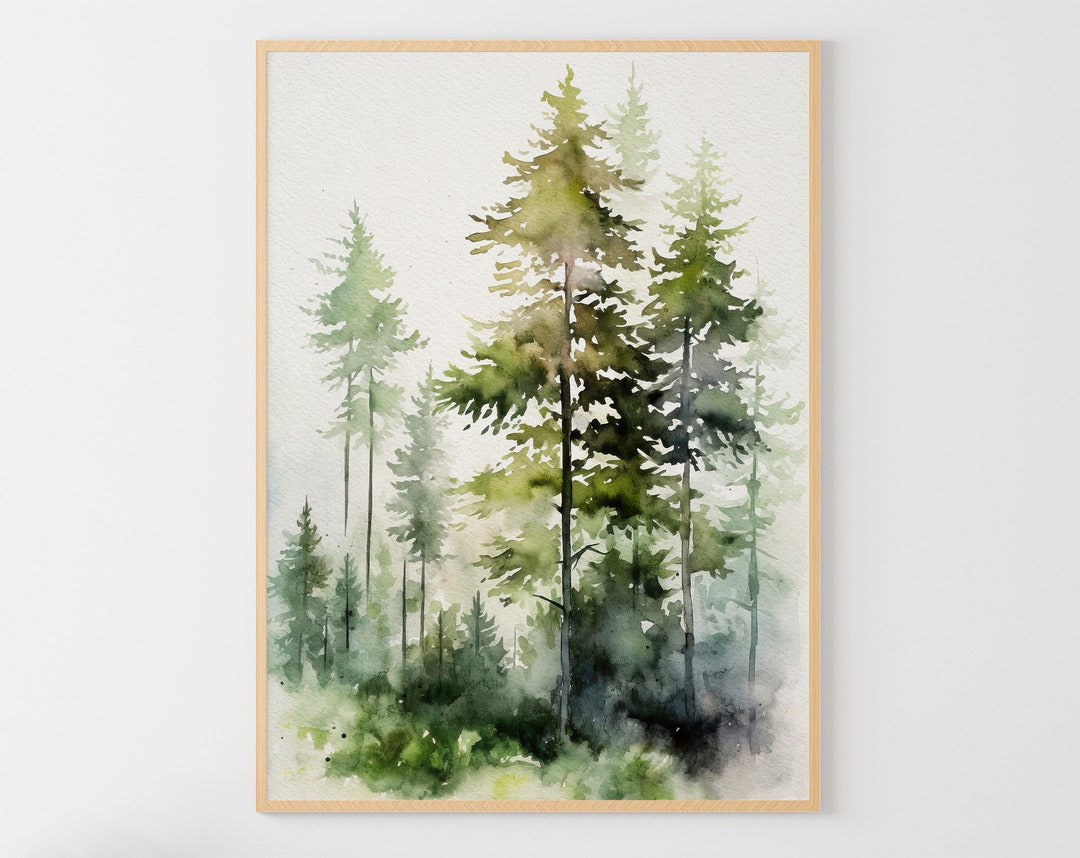 Pine Tree Watercolor Painting Vermont Landscape Foggy Forest Wall Art ...