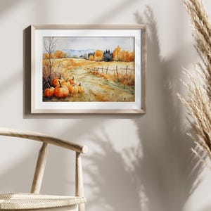 Farm Watercolor Print Pumpkin Patch Painting Autumn Landscape ...