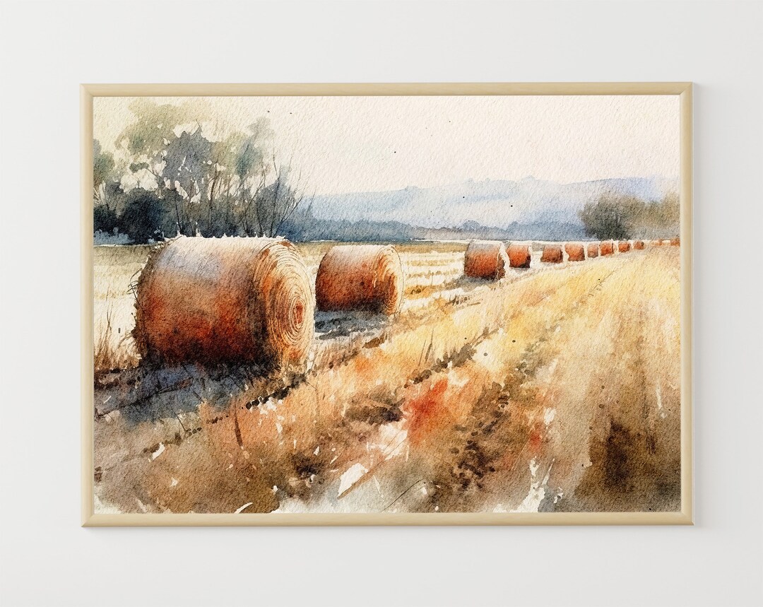 Haystacks Painting Hay Field Watercolor Countryside Art Print Farm ...