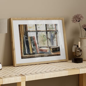 Old Books Watercolor Print Books on Windowsill Artwork Farmhouse Wall ...