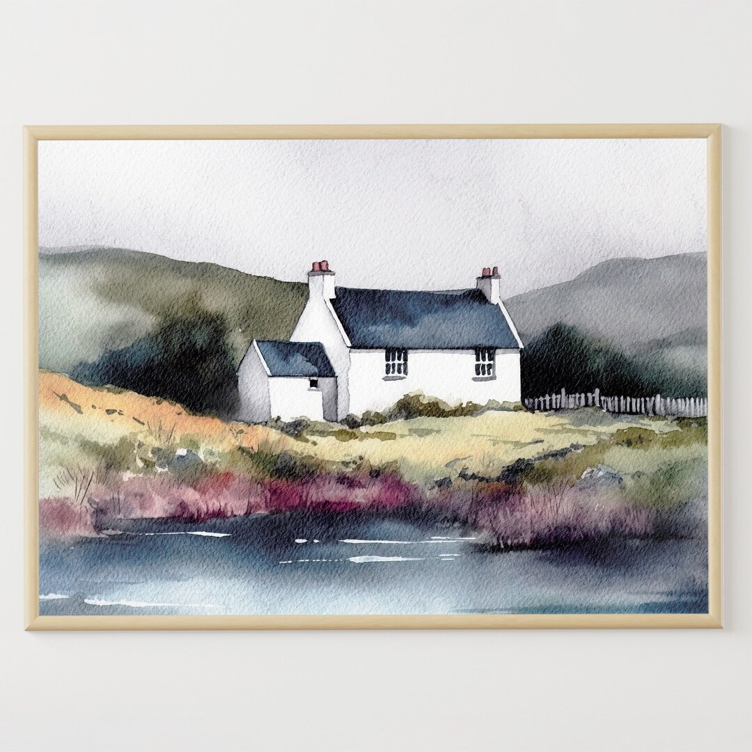 Scottish Cottage Painting Isle Pf Sky Watercolor Scotland Art Print ...