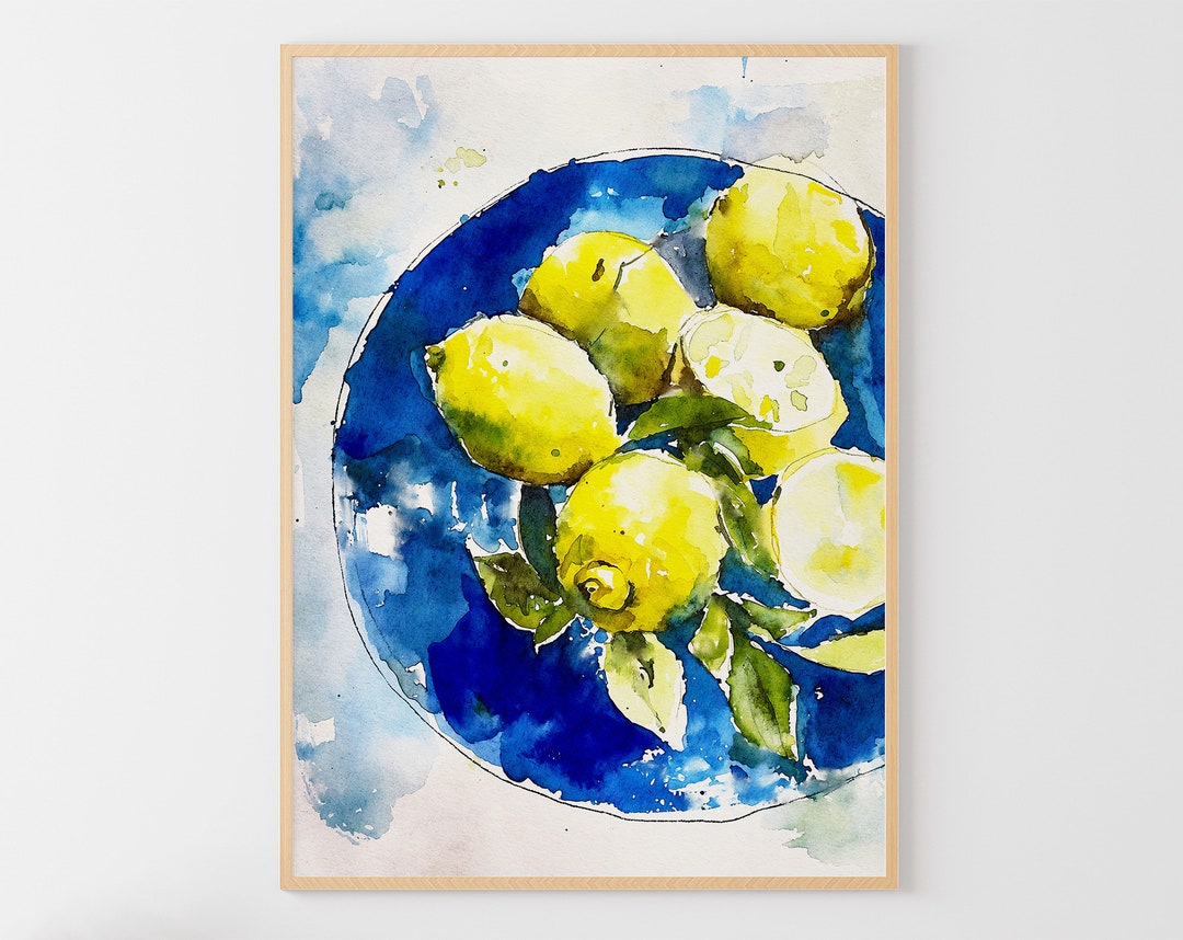 Lemons on Blue Plate Watercolor Art Print Fruits Still Life Painting ...