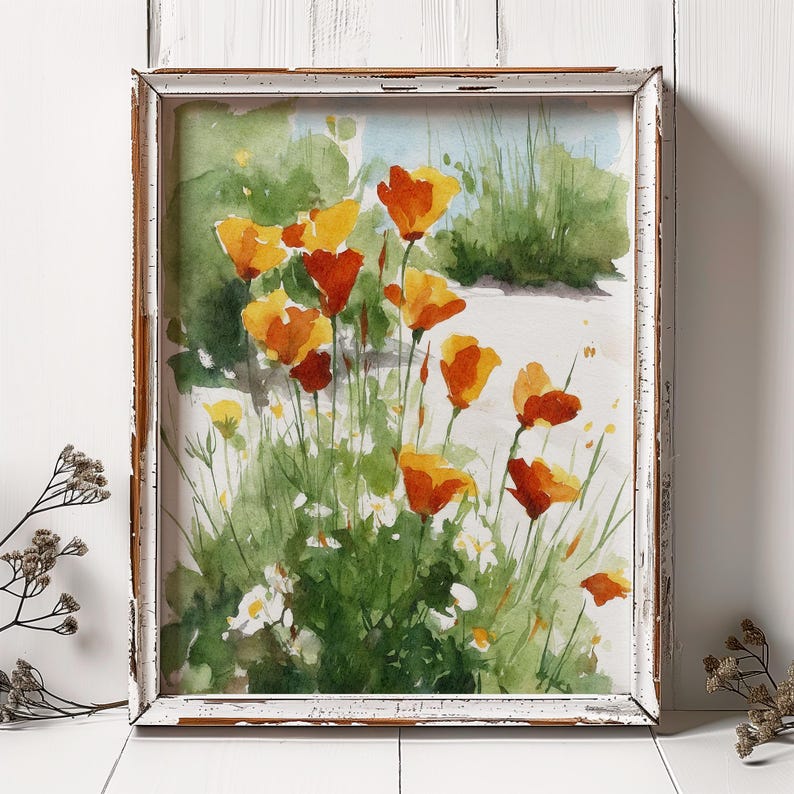 Poppy Watercolor Print Wildflowers Painting California Landscape ...