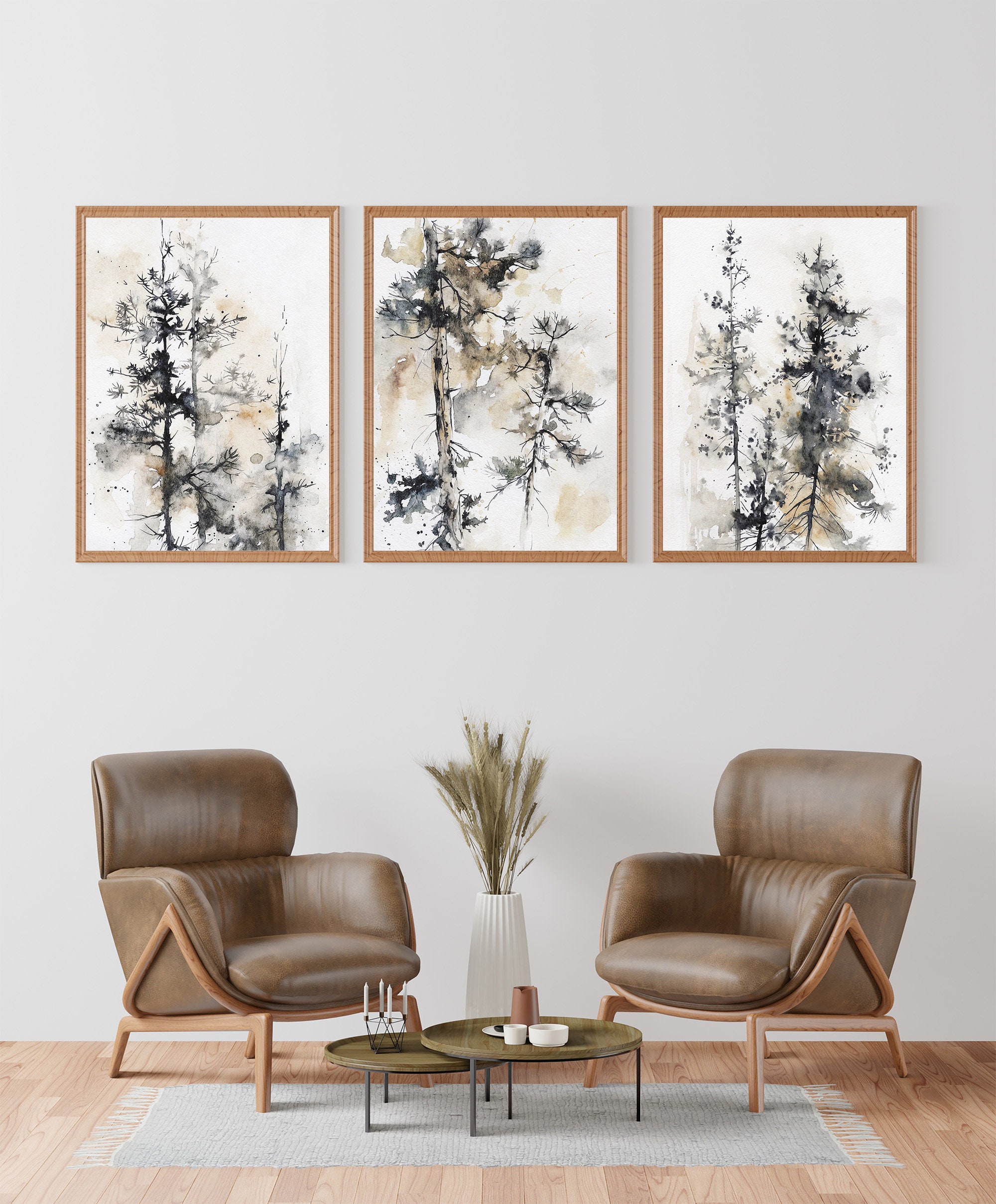 Pine Trees Watercolor Set of 3 Prints Evergreen Trees Painting Neutral ...