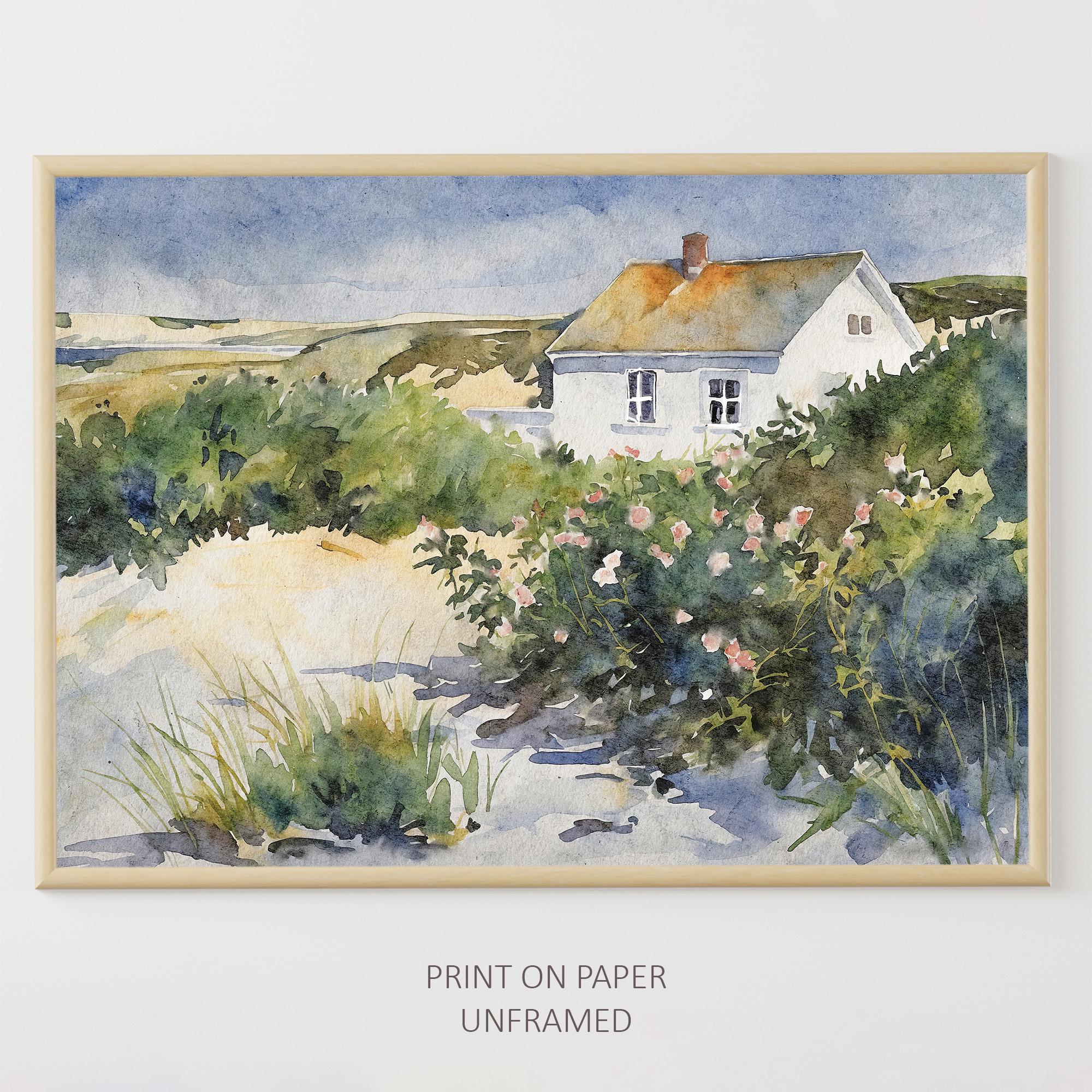 Cape Cod Watercolor Art Print: Seaside Beach House With Wildflowers - Etsy