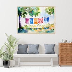 Laundry Day Watercolor Painting Summer Landscape Clothesline Poster ...