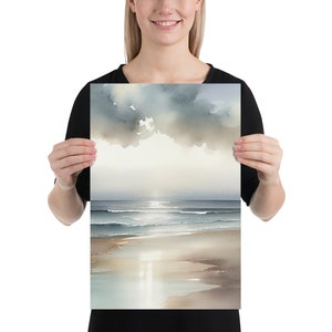 Ocean Beach Watercolor Calm Sea Painting Seascape Artwork Ocean Beach ...