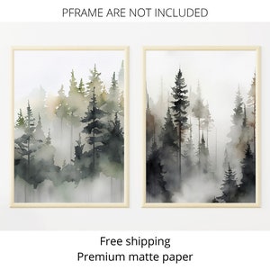 Pine Trees Watercolor Painting Set of 2 Prints Foggy Forest Print Pine ...
