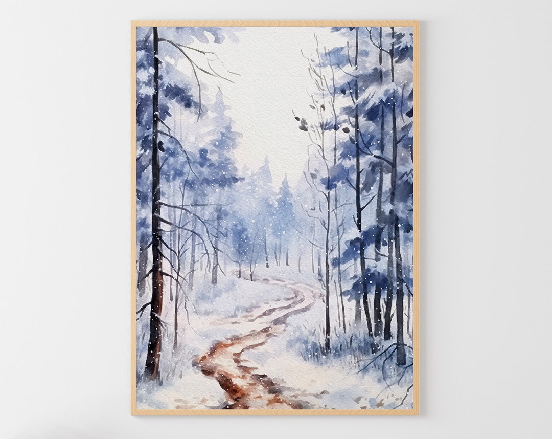 Winter Forest Watercolor Painting Forest Path Artwork Snowy Forest ...