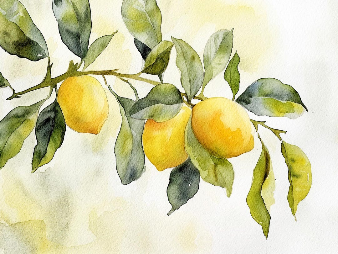 Lemon Tree Watercolor Painting Lemon on Branch Poster Kitchen Wall Art ...