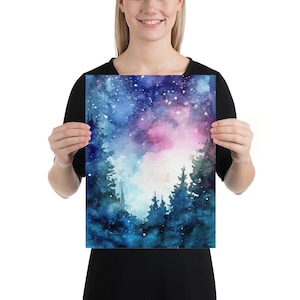 Starry Night Sky Watercolor Painting Dark Forest Landscape Milky Way ...