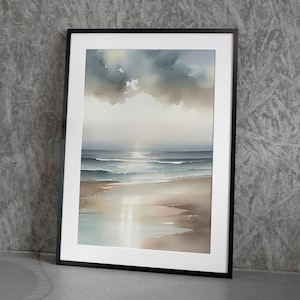 Ocean Beach Watercolor Calm Sea Painting Seascape Artwork Ocean Beach ...