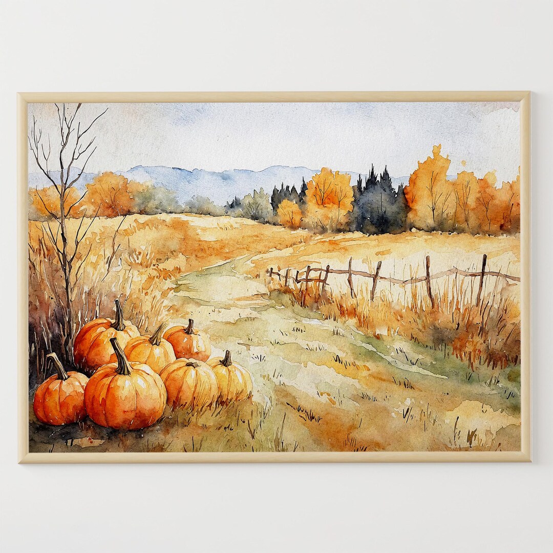 Farm Watercolor Print Pumpkin Patch Painting Autumn Landscape ...