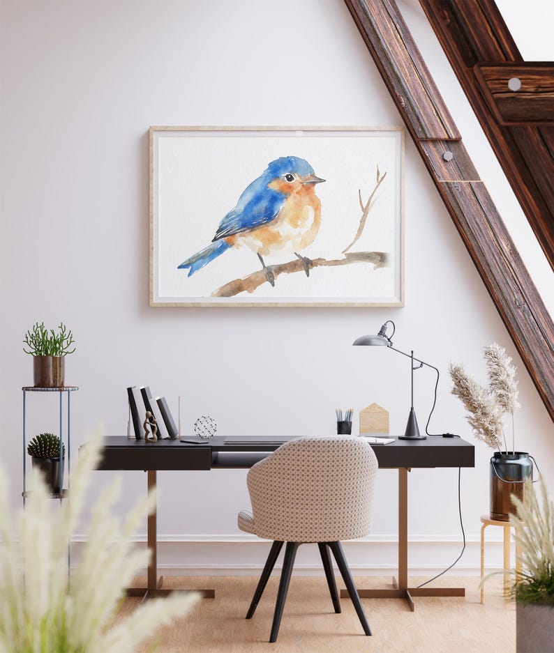 Bluebird Watercolor Print: Minimalist Bird on Branch Spring Wall Art - Etsy