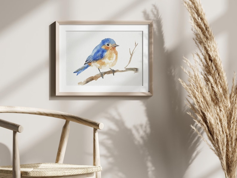 Bluebird Watercolor Print: Minimalist Bird on Branch Spring Wall Art - Etsy