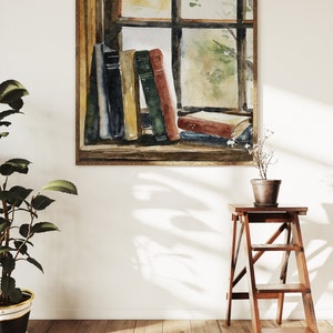 Old Books Watercolor Print Books on Windowsill Artwork Farmhouse Wall ...