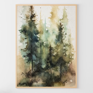 Pine Forest Painting Landscape Watercolor Pine Trees Art Print Misty ...