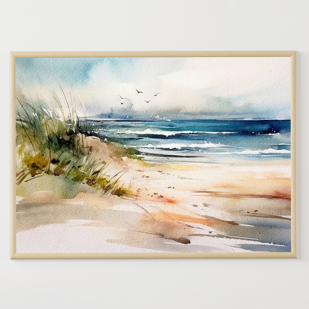 Sand Beach Painting Seascape Watercolor Dune Beach Art Print Ocean ...