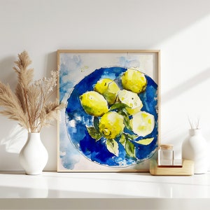 Lemons on Blue Plate Watercolor Art Print Fruits Still Life Painting ...