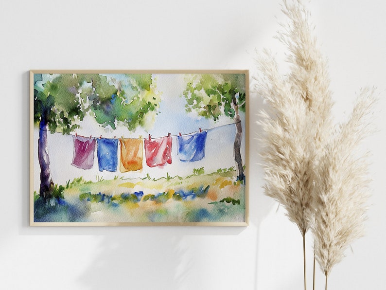 Laundry Day Watercolor Painting Summer Landscape Clothesline Poster ...