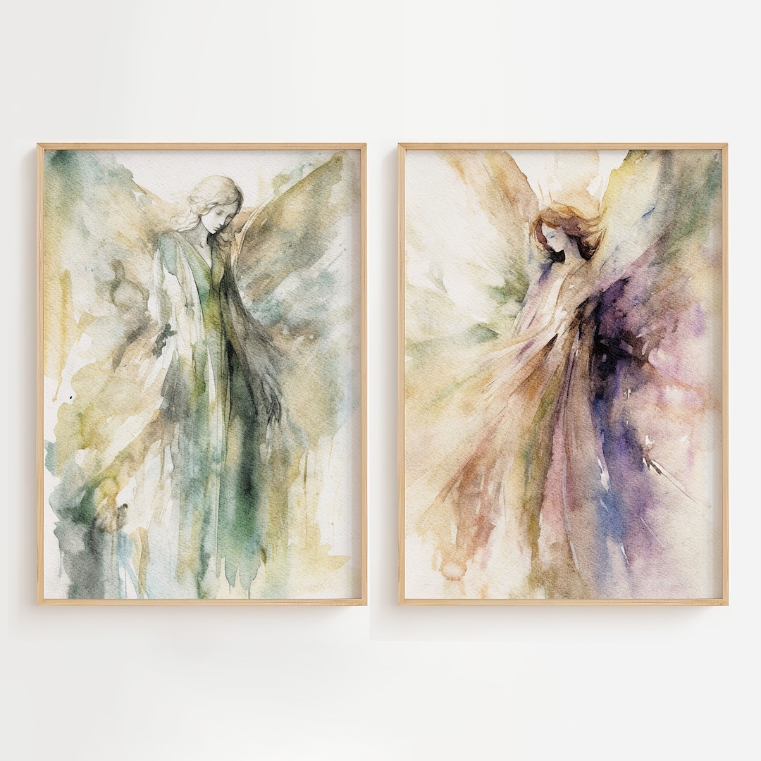 Angels Set of 2 Watercolor Prints Religious Wall Art Guardian Angel ...