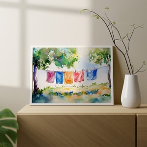 Laundry Day Watercolor Painting Summer Landscape Clothesline Poster ...