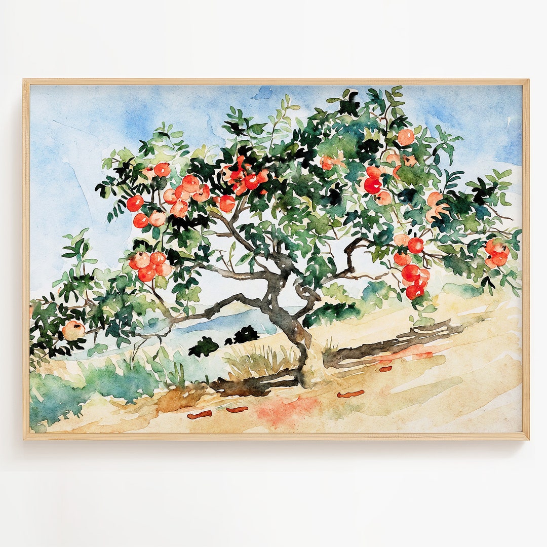 Pomegranate Tree Watercolor Painting Greek Landscape Fruit Tree Art Print Pomegranate Poster ...