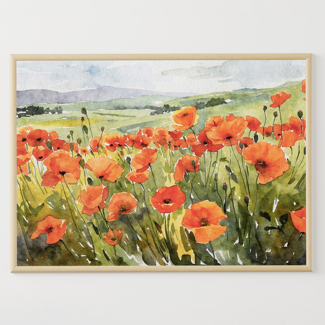 Poppy Field Painting Red Poppies Watercolor Print Meadow Landscape ...