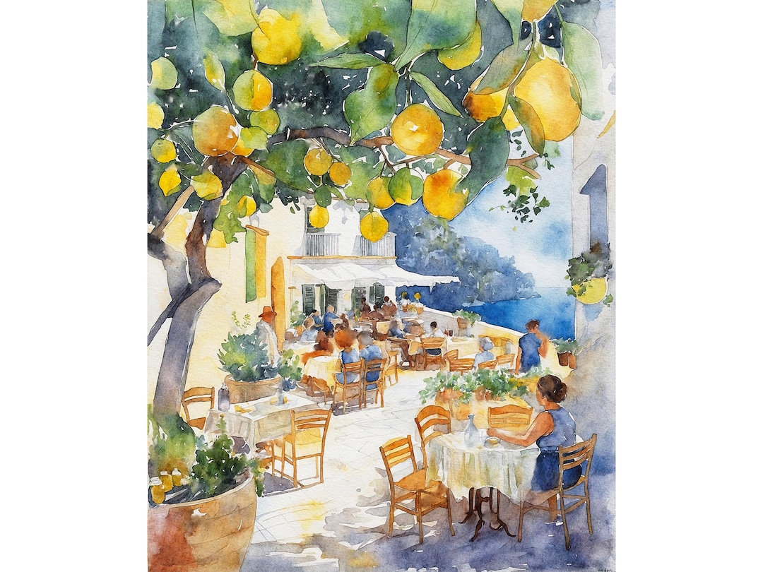Capri Restaurant Watercolor Art Print: Italian Lemon Tree Scene - Etsy