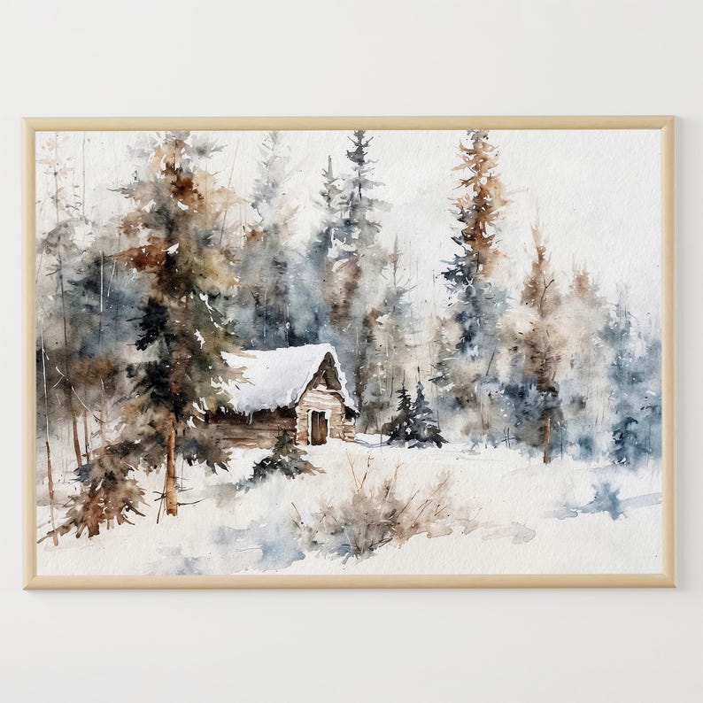 Winter Cabin Watercolor Print: Snowy Pine Forest Wall Art - Etsy