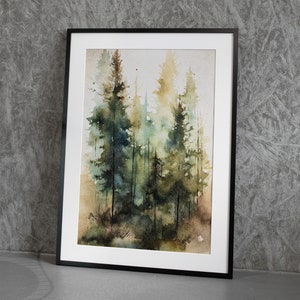 Pine Forest Painting Landscape Watercolor Pine Trees Art Print Misty ...