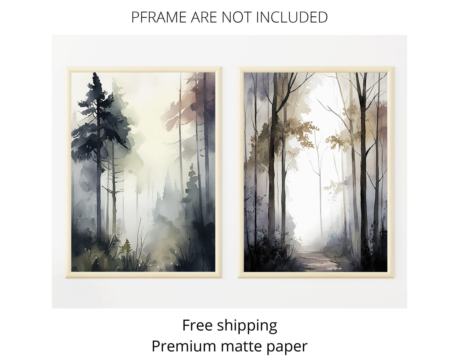 Misty Forest Watercolor Painting Set of 2 Print Pine Trees - Etsy