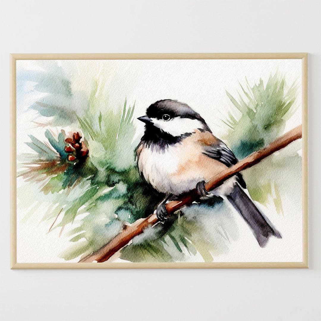 Chickadee Watercolor Painting Little Forest Bird Art Print Pine Tree ...