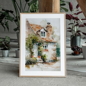 English Cottage Art Print Country House Watercolor Painting Cute Old ...