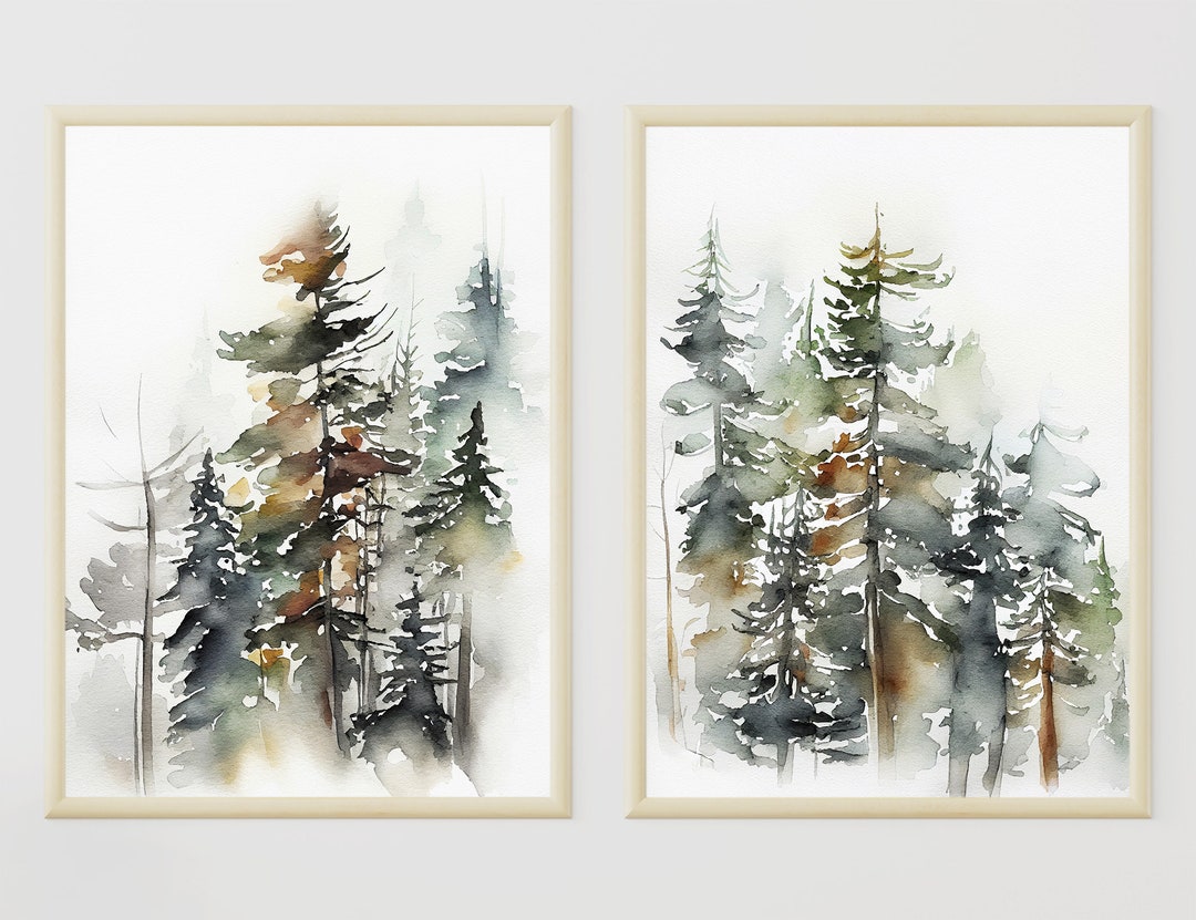 Pine Trees Set of 2 Watercolor Prints Forest Painting Neutral Wall Art ...