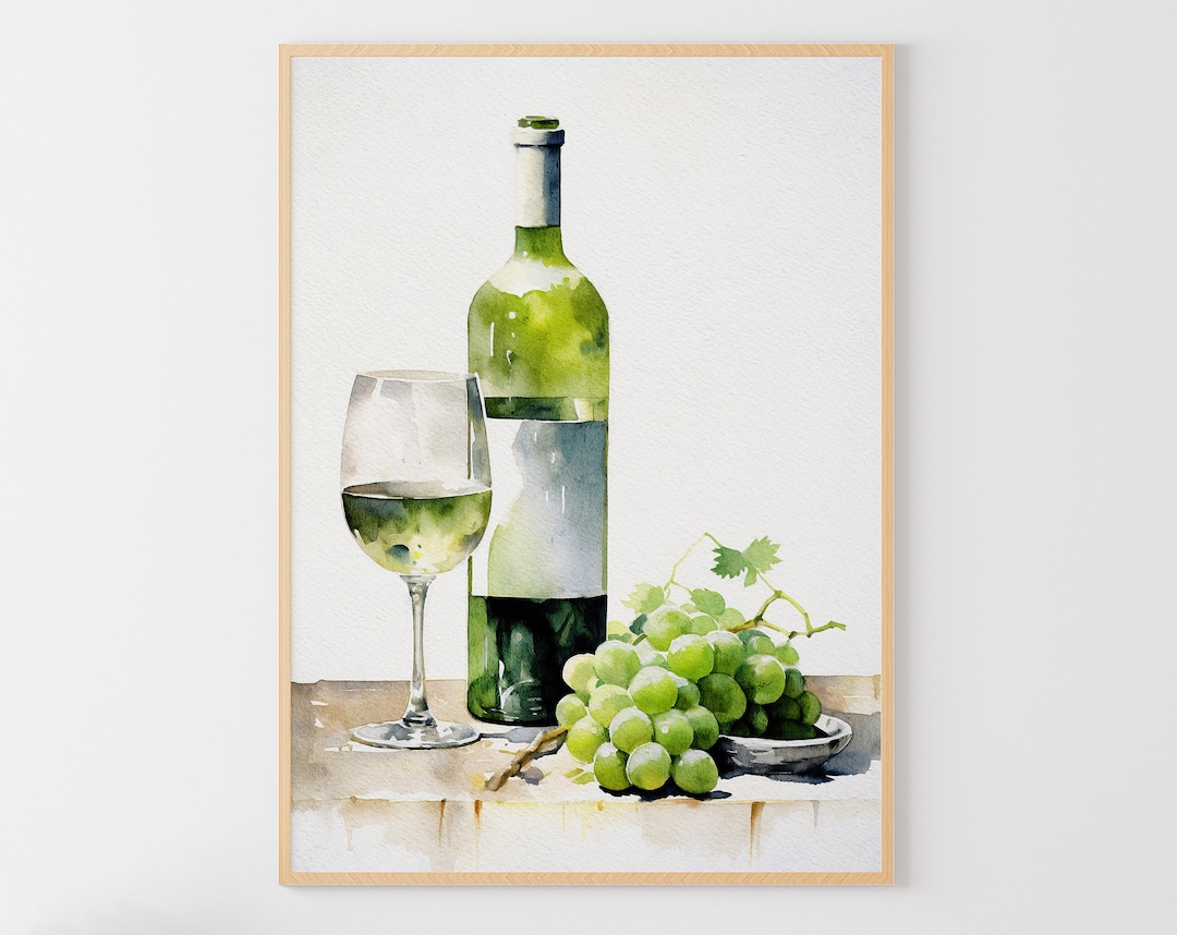 White Wine Watercolor Poster Wine Bottle Art Print Wine Still Life ...