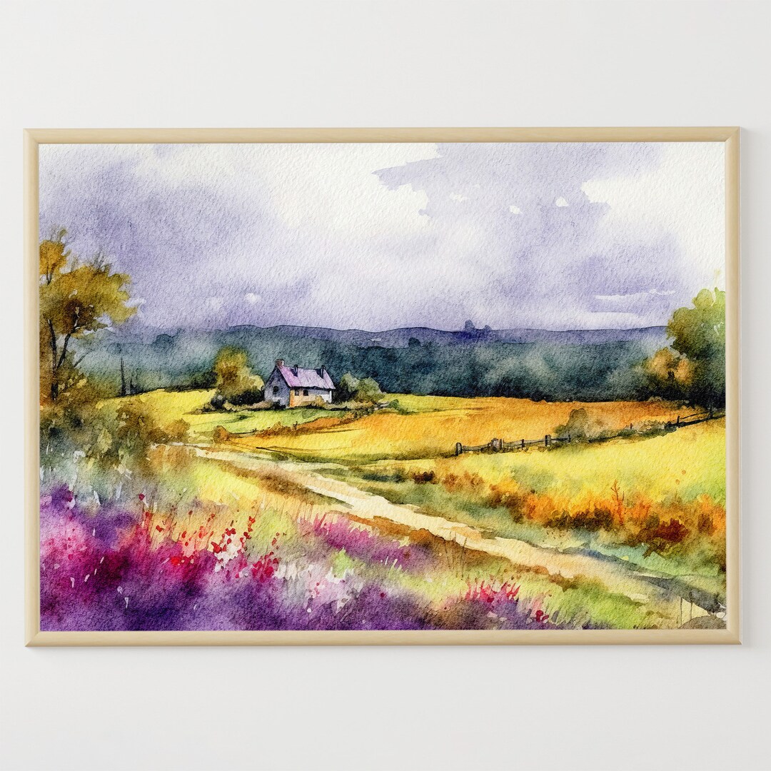 Farm Landscape Painting Countryside Watercolor Cottage Art Print ...