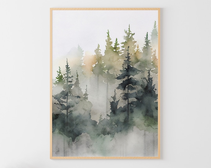 Pine Forest Watercolor Misty Forest Art Print Pine Tree Painting ...