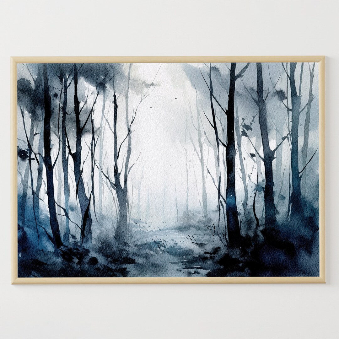 Dark Forest Watercolor Painting Foggy Forest Landscape Twilight Forest ...