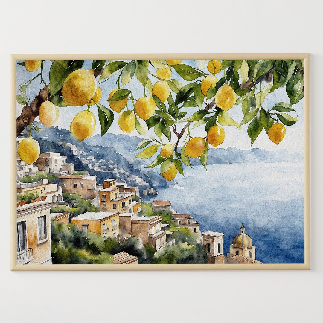 Positano Watercolor Painting Lemon Tree Artwork Italian Cityscape Wall ...