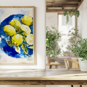 Lemons on Blue Plate Watercolor Art Print Fruits Still Life Painting ...