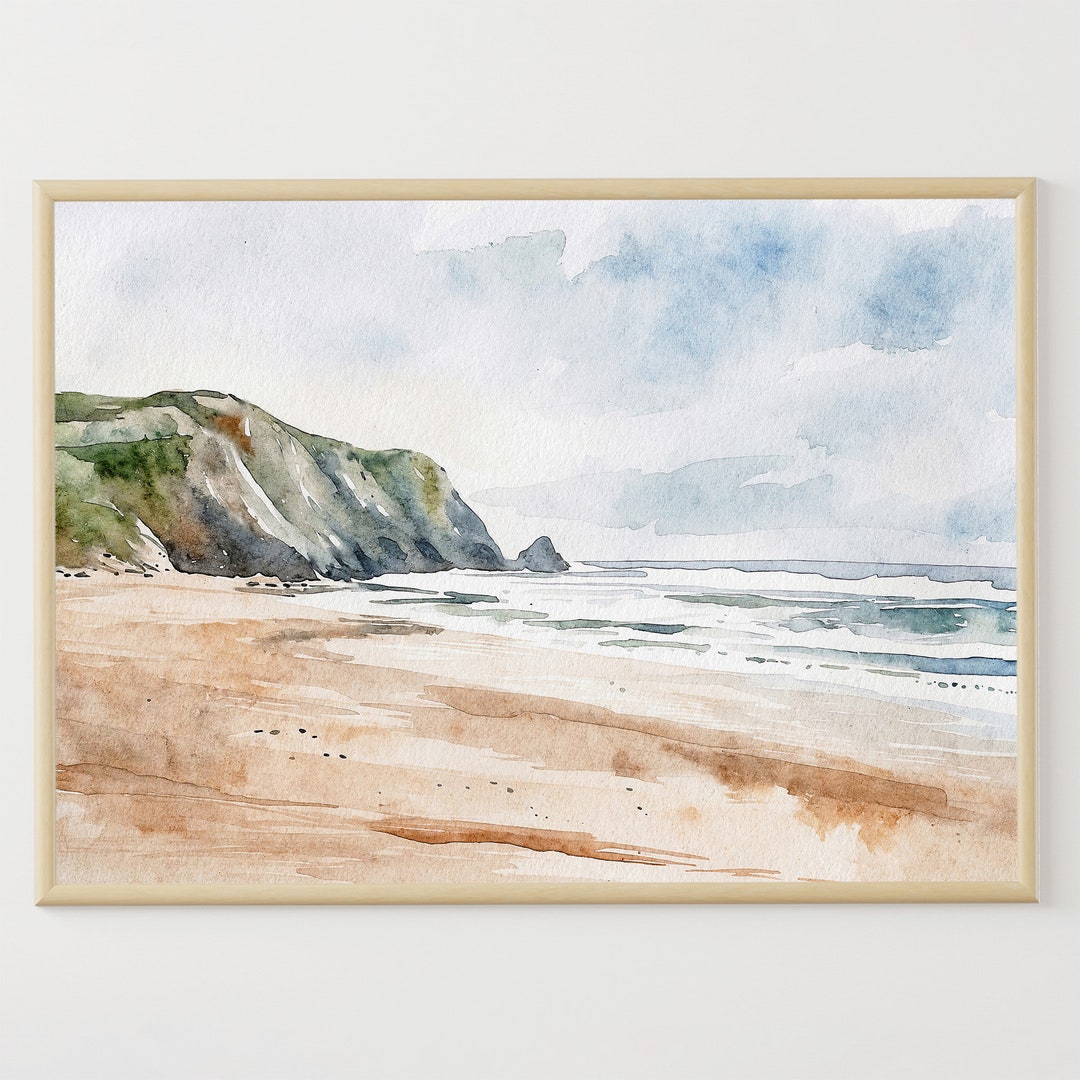 Cornwall Watercolor Painting Coastal Landscape Neutral Coastline Art ...