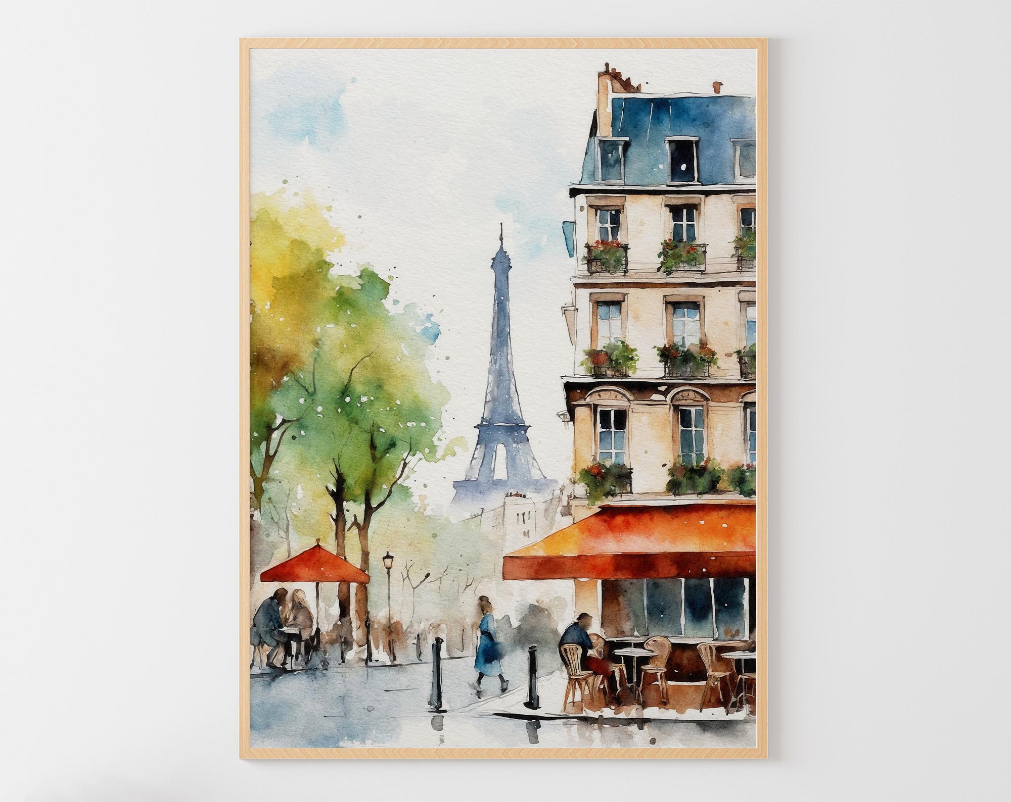 Paris Cityscape Watercolor Art Print: Eiffel Tower Cafe Scene - Etsy