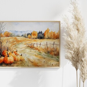 Farm Watercolor Print Pumpkin Patch Painting Autumn Landscape ...