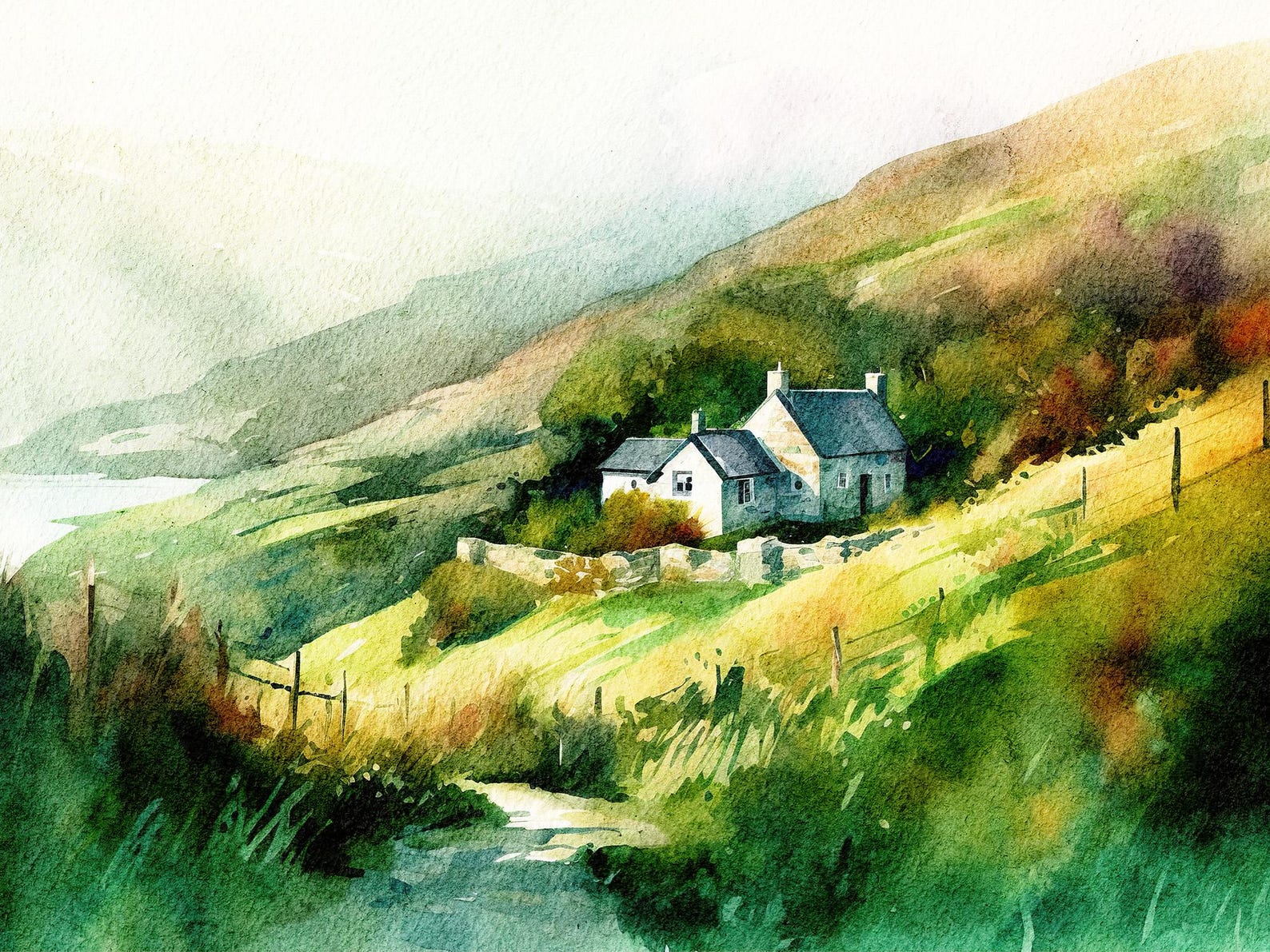 Ireland Painting Cottage Watercolor Irish Landscape Countryside Artwork ...