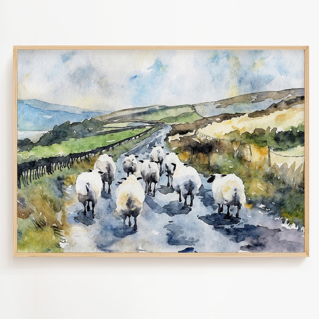 Irish Sheep Watercolor Painting Ireland Landscape Farmhouse Wall Art ...
