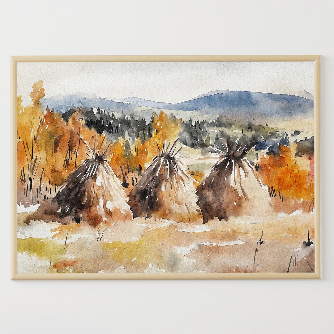 Haystack Painting Rustic Watercolor Landscape Autumn Farm Poster ...