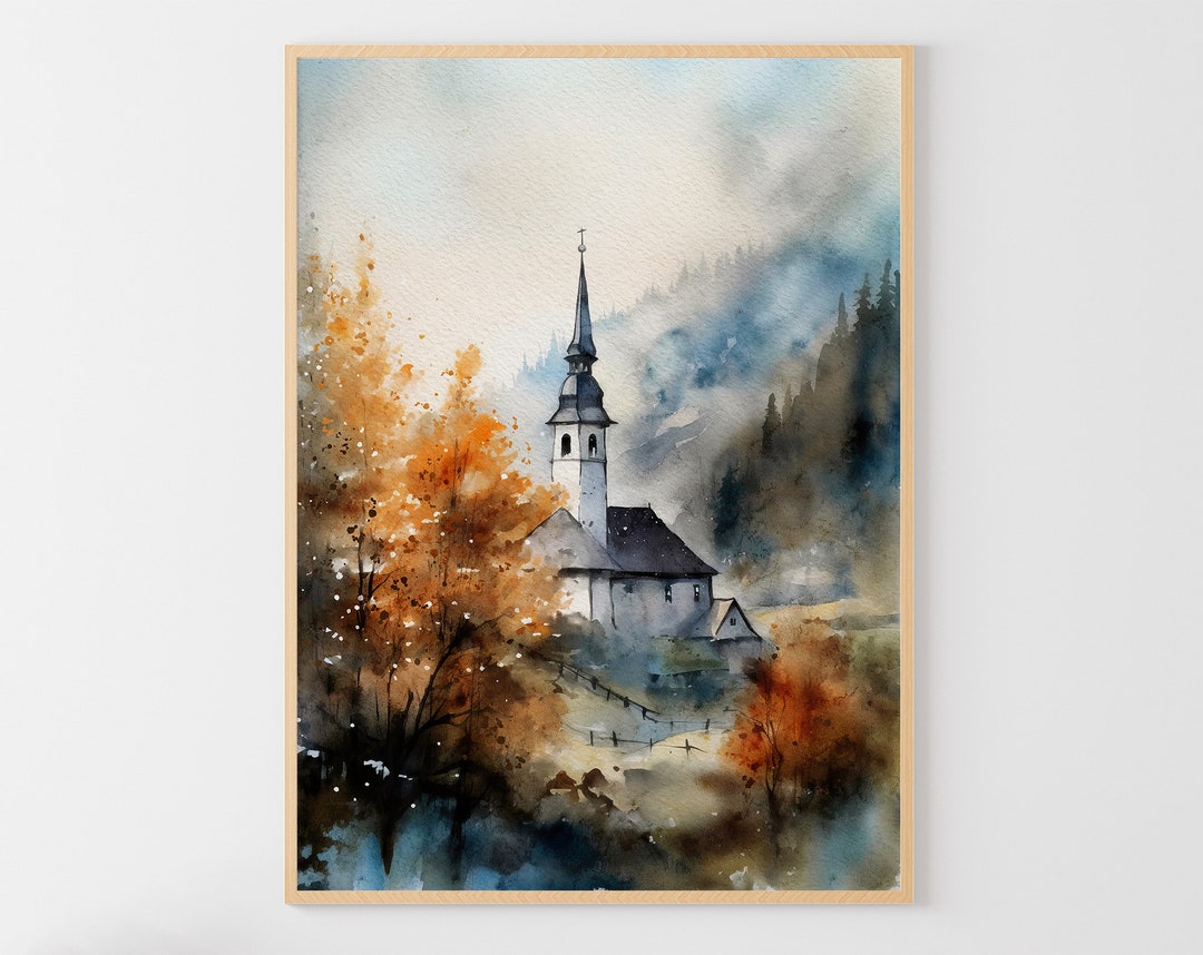 Church Watercolor Painting Country Landscape Old Chapel Art Print ...