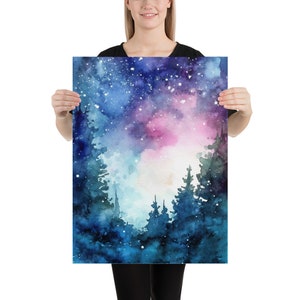 Starry Night Sky Watercolor Painting Dark Forest Landscape Milky Way ...