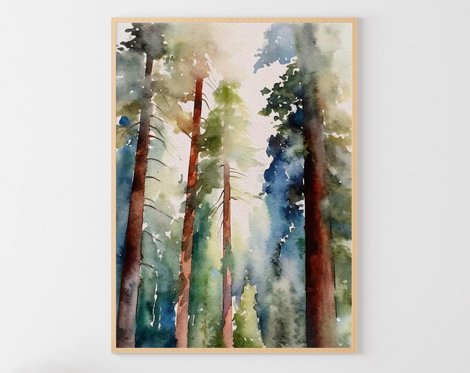 Pine Forest Watercolor Misty Forest Art Print Pine Tree Painting ...